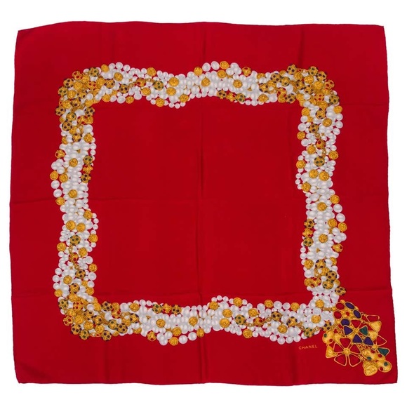 CHANEL | Accessories | Chanel Red Silk Gripoix Jewels Scarf | Poshmark